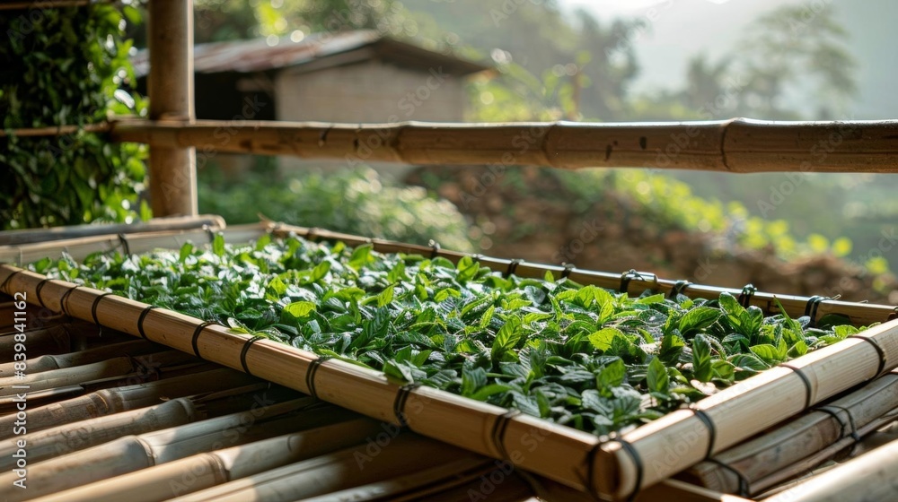 Holy basil leaves drying on a bamboo tray under the sun The traditional ...