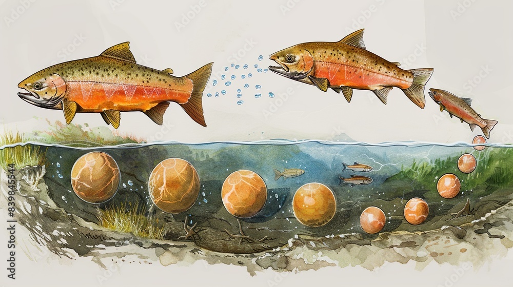 An illustration of the life cycle of a salmon, from egg to adult fish ...