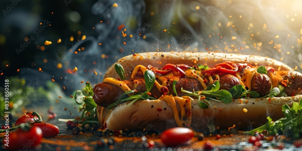 fresh hotdog or sausage sandwich with flying ingredients and spices hot ...