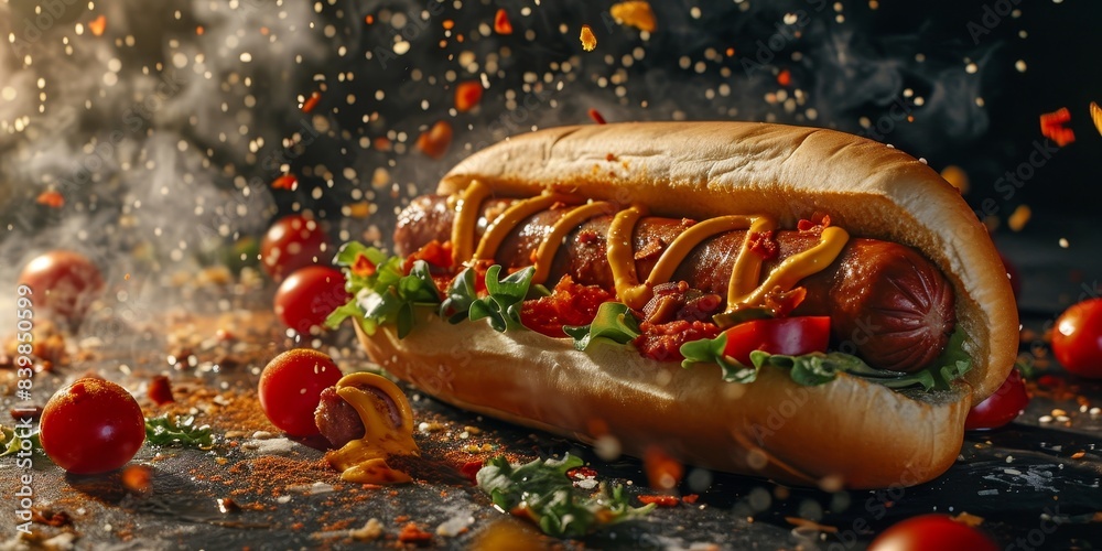 fresh hotdog or sausage sandwich with flying ingredients and spices hot ...