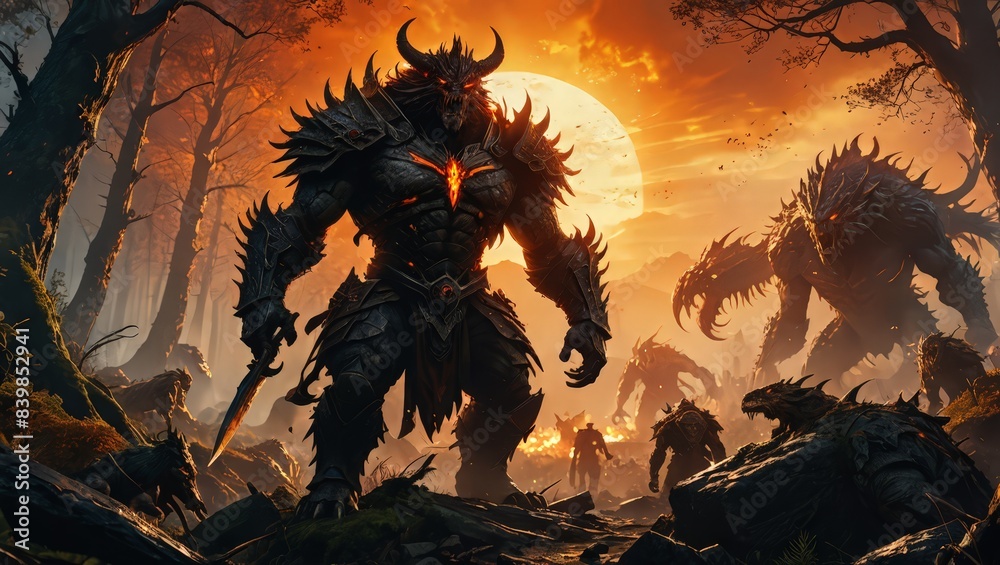 Dark Fantasy Monster with glowing red eyes and horns Stock Illustration ...