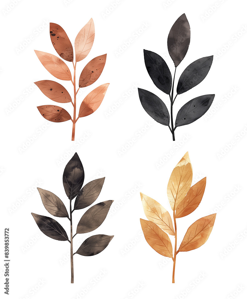 ภาพประกอบสต็อก Cute watercolor boho leaf, 4 clipart images, in the ...