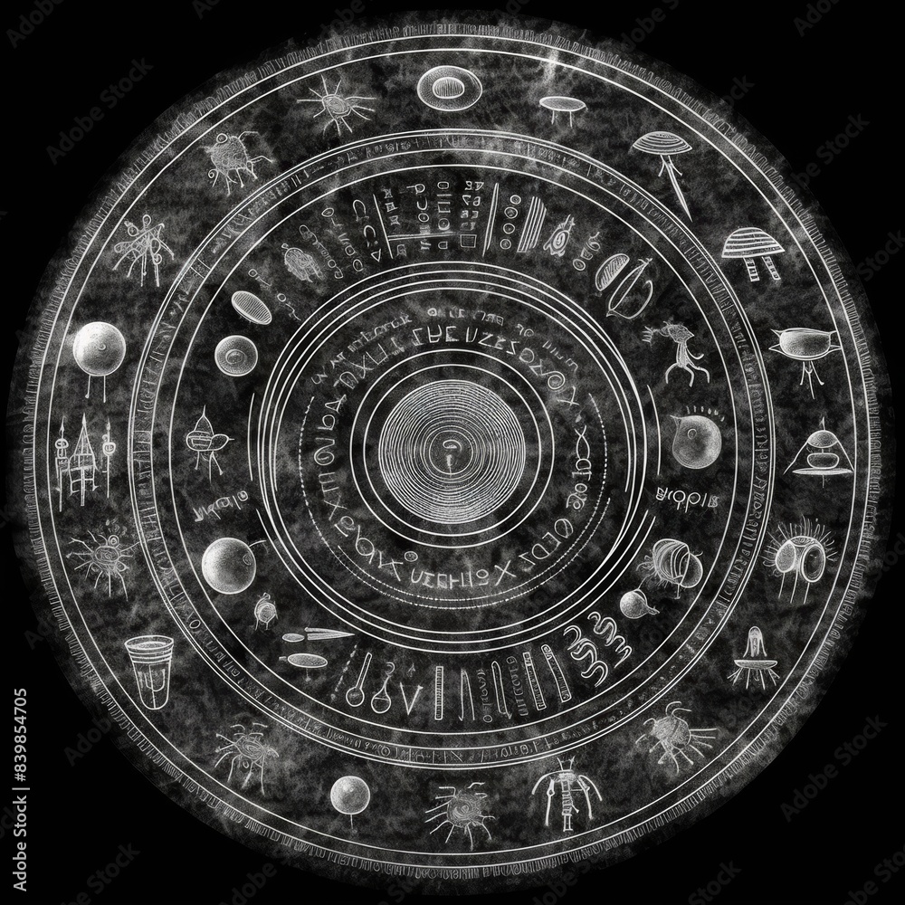 a black & white circle of alien inscriptions telling a story, black ...