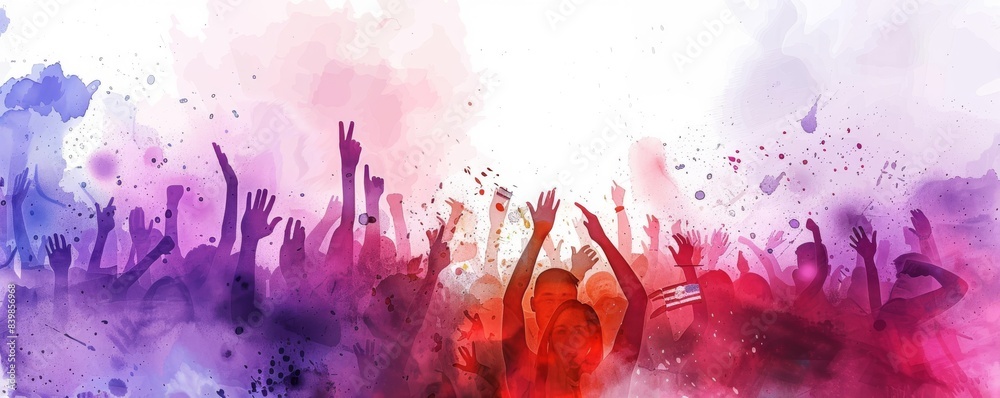 Watercolor style painting of people cheering with the american flag ...