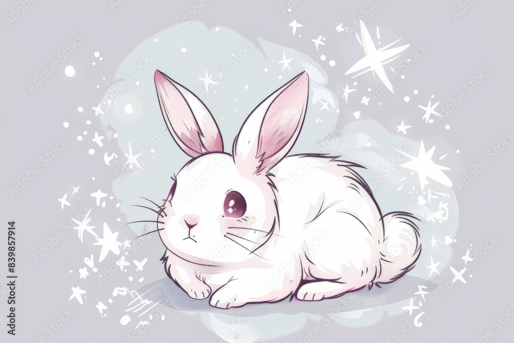 Cartoon cute doodles of a magical bunny with a twinkling nose and ...