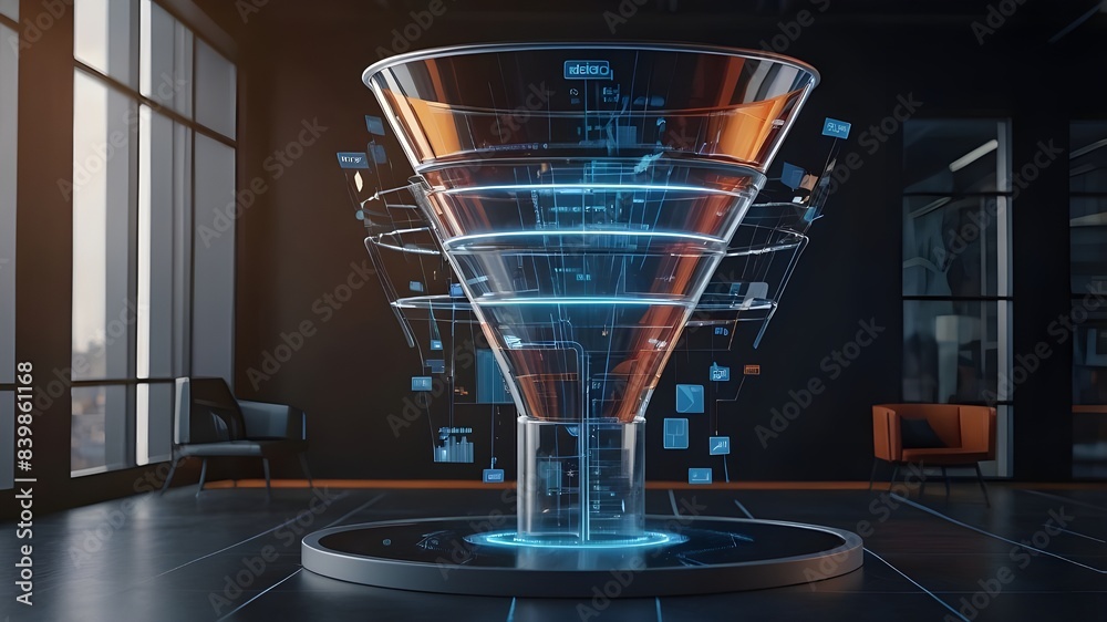ภาพประกอบสต็อก 3D model of a sales funnel for use in marketing ...