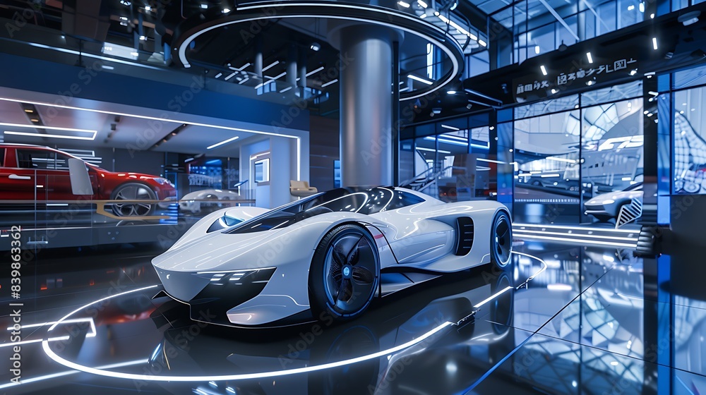 A futuristic car showroom with AR-enabled displays, allowing customers ...