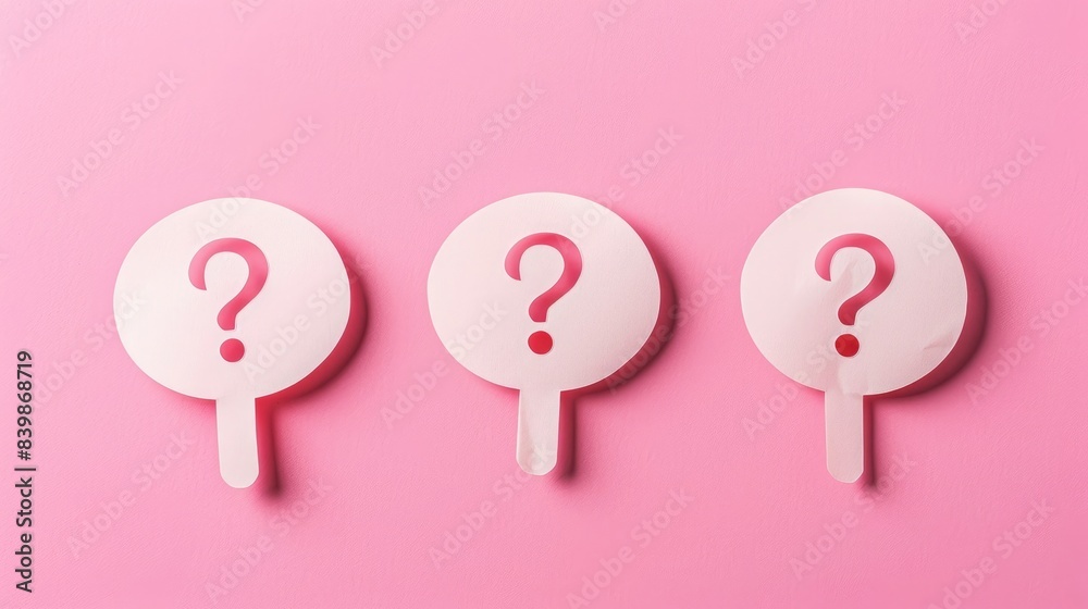 Photo of three speech bubbles with question marks on a pink background ...