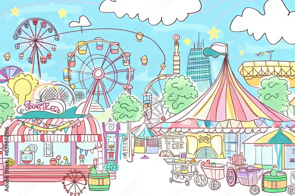 Cartoon cute doodles of a vibrant street fair with games, rides, and ...