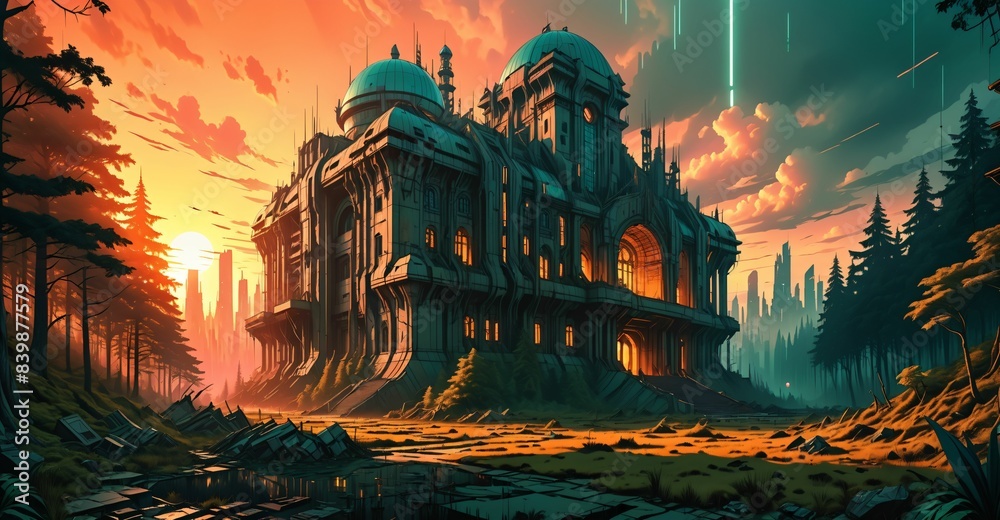 gothic baroque cyberpunk city tower building palace at sunset. sci-fi ...