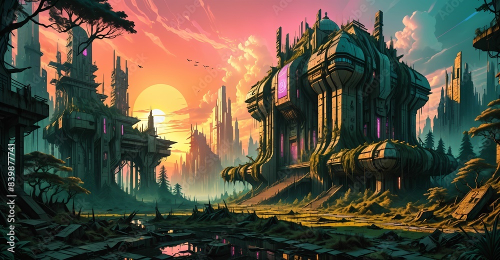 gothic baroque cyberpunk city tower building palace at sunset. sci-fi ...