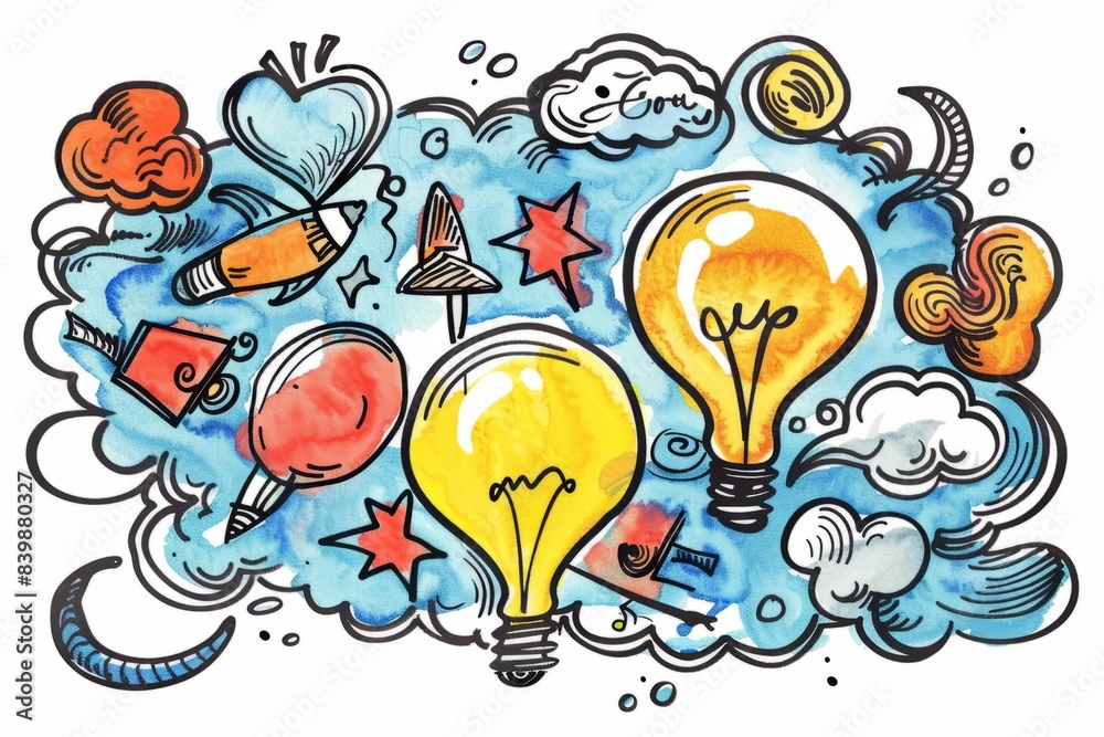 Cartoon cute doodles of a brainstorming session with thought bubbles ...