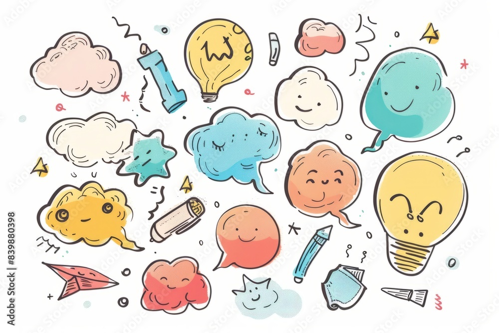 Cartoon cute doodles of a brainstorming session with thought bubbles ...
