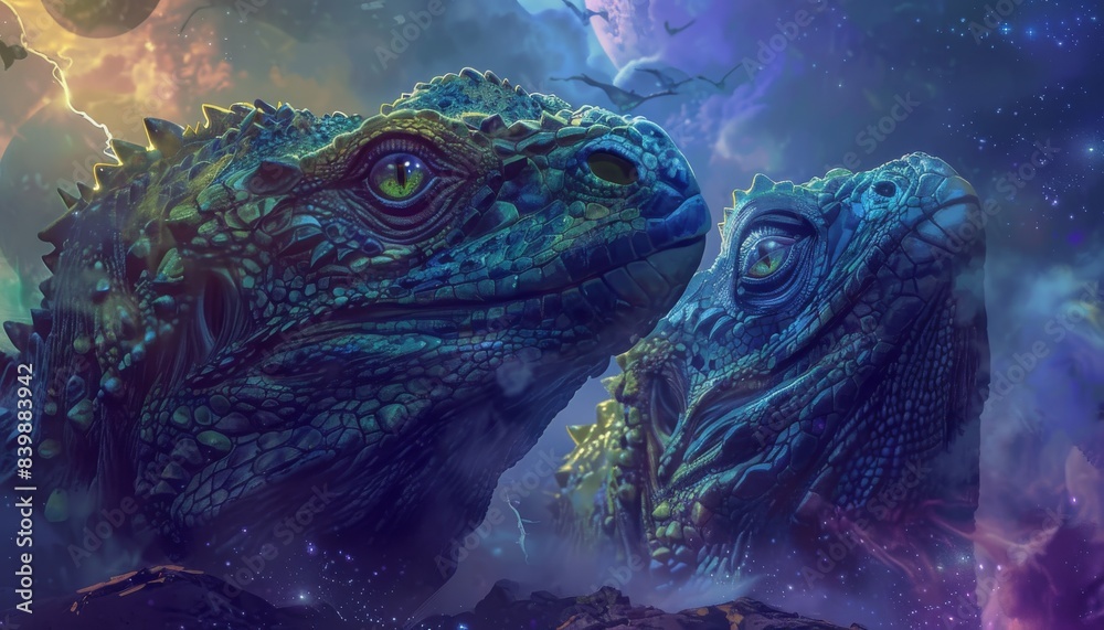 Fantasy illustration of two mystical lizards in a cosmic setting ...