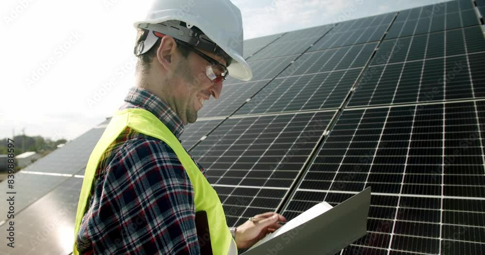 Technician inspect Solar cell Farm through field of solar panels checking the panels at solar ...