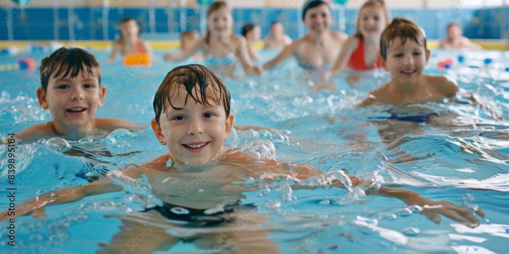 Group of happy children learning to swim in indoor summer swimming pool ...