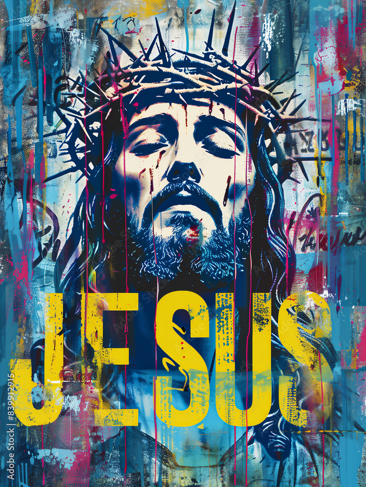 Graffiti of Jesus Christ, with the word Jesus in yellow letters, stains ...