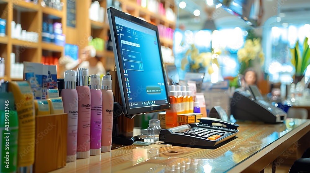 Front view of a windows desktop computer and cash register, on a desk ...