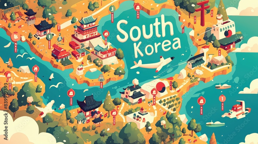 Educational "South Korea" map illustration for kids, colorful scheme ...