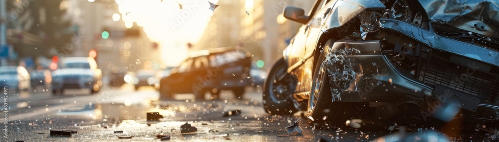 A car is in a crash and is covered in debris. The scene is chaotic and ...