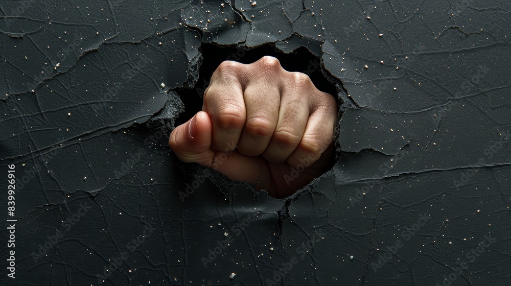 A fist is shown through a hole in a wall. The fist is clenched and the ...