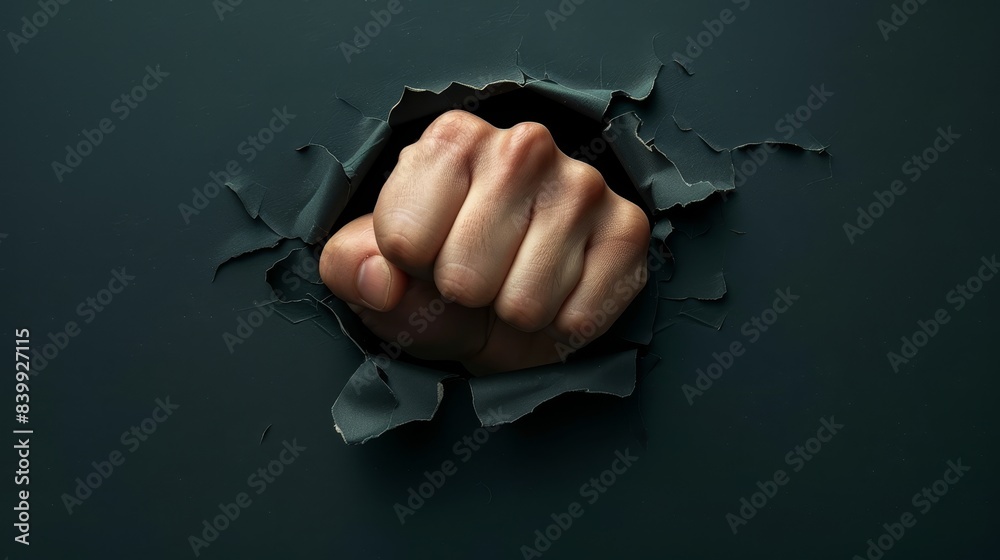 A fist is shown through a hole in a wall. The fist is clenched and the ...