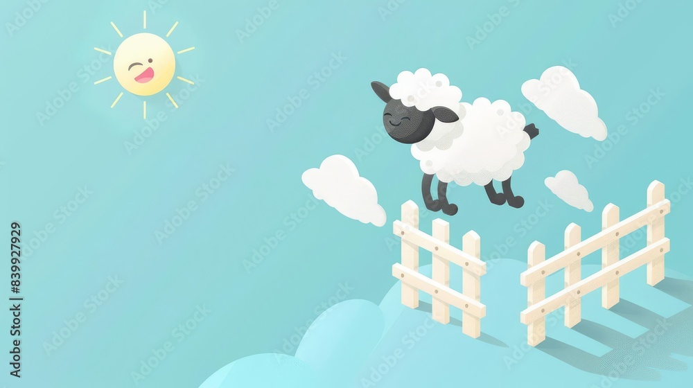 Cute cartoon sheep jumping over a fence with a smiling sun in the sky ...