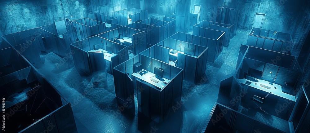 Futuristic office workspace featuring multiple cubicles in a high-tech ...
