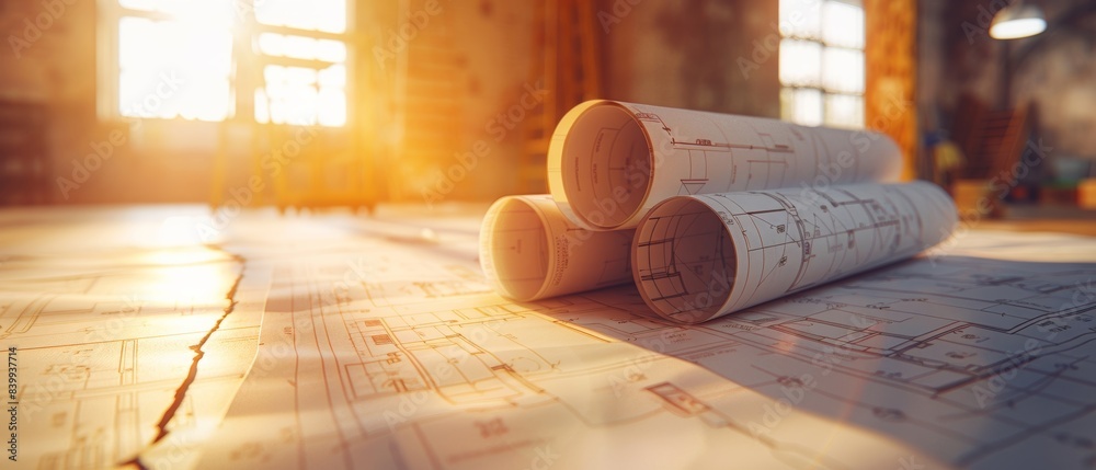 Sunlit architect's desk with rolled-up blueprints in a rustic setting ...