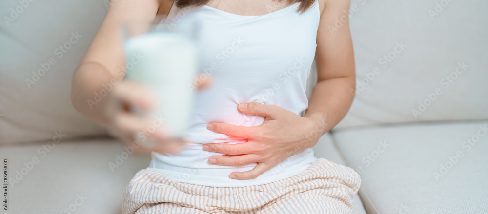 Lactose intolerance and Milk allergy concept. woman hold Milk glass and ...