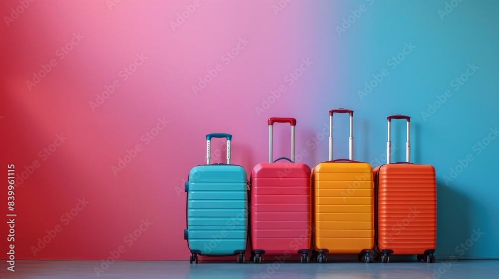 Four colorful suitcases are lined up on a yellow background. The ...