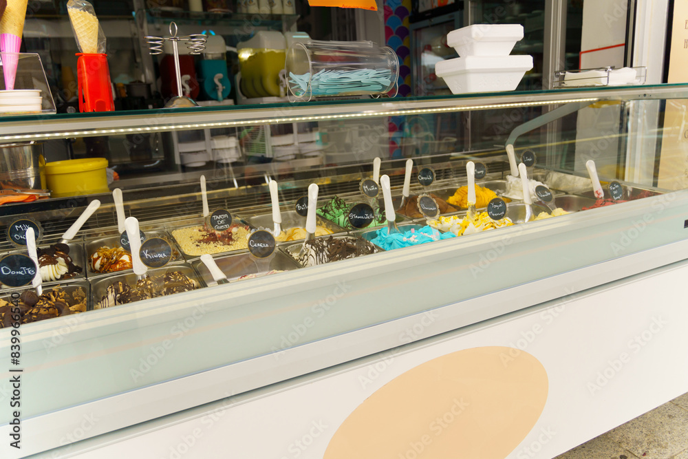 ice cream shop window display on the street with different flavors of ...
