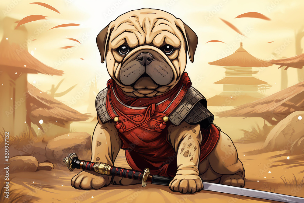 Playful Chibi Anime Illustration of a Shar Pei dog in Samurai Armor ...