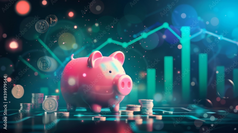 A detailed piggy bank with overflowing coins and an increasing green ...