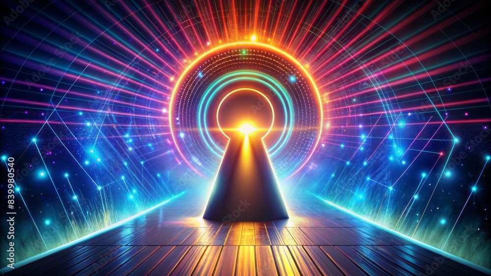 Vibrant futuristic keyhole portal emits radiant light and swirling ...