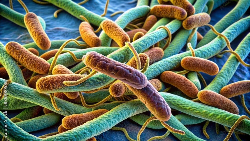 Colorized scanning electron micrograph of legionella pneumophila, a ...