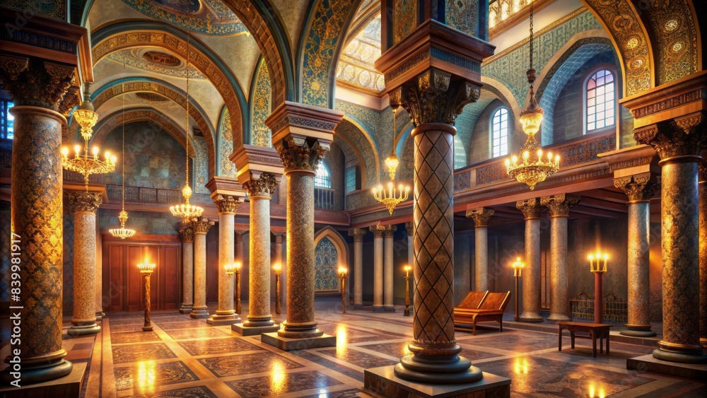 Ancient middle eastern synagogue interior with ornate pillars, dim ...