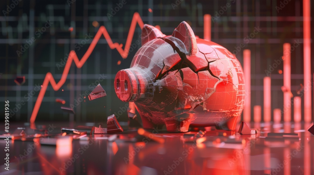 A cracked piggy bank with shards scattered and a falling red graph in ...