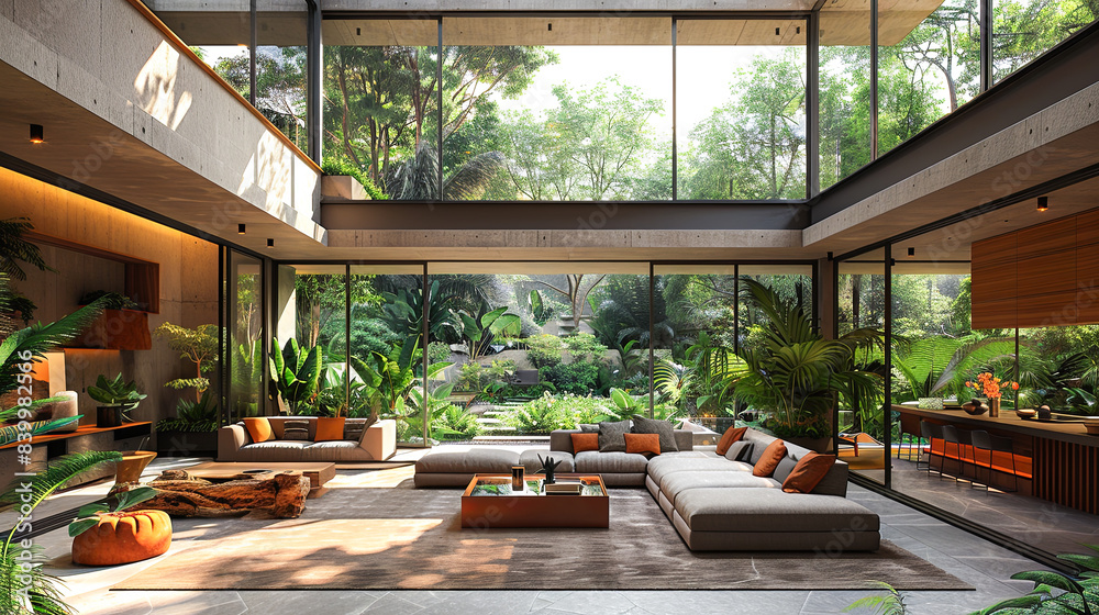 3d rendering of modern living room interior design with green plants ...