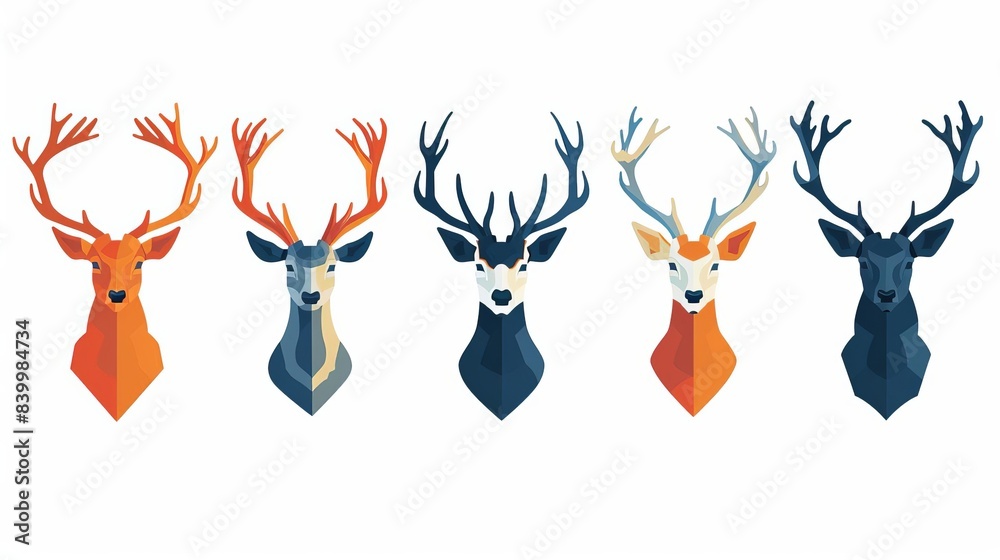 set of deer head illustrations in the style of vector graphics and flat ...