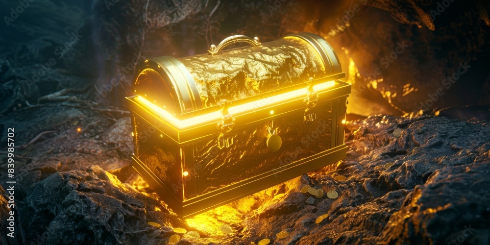 A golden treasure chest opens moment, glows, a glowing sword on a ...