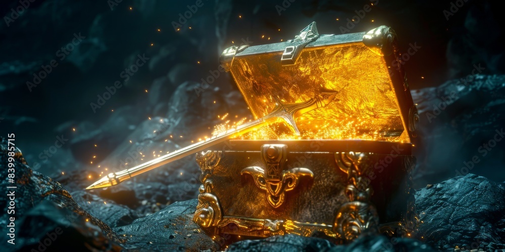 ภาพประกอบสต็อก A golden treasure chest opens moment, glows, a glowing ...