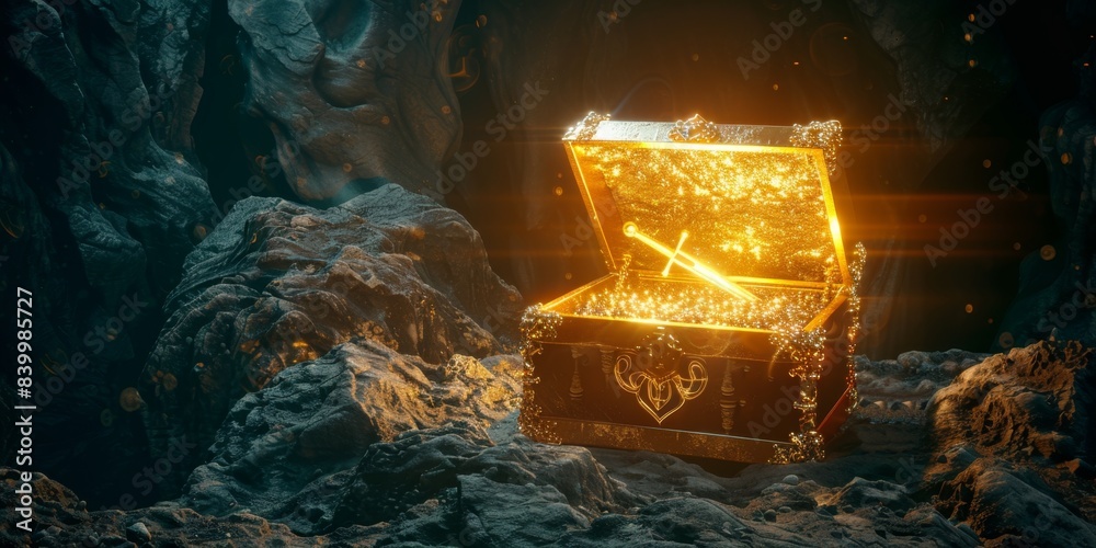 A golden treasure chest opens moment, glows, a glowing sword on a ...