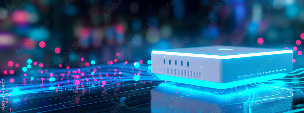3D render of a modern white router with digital interface and blue ...