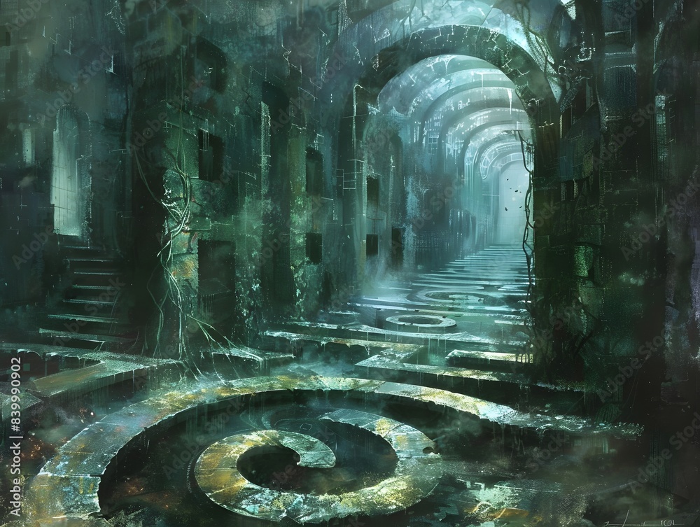 Winding brick passage reveals a dark archway deep within an abandoned ...