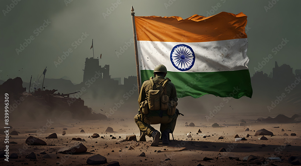 Indian soldier bowing down to Indian tri color flag in the middle of a ...