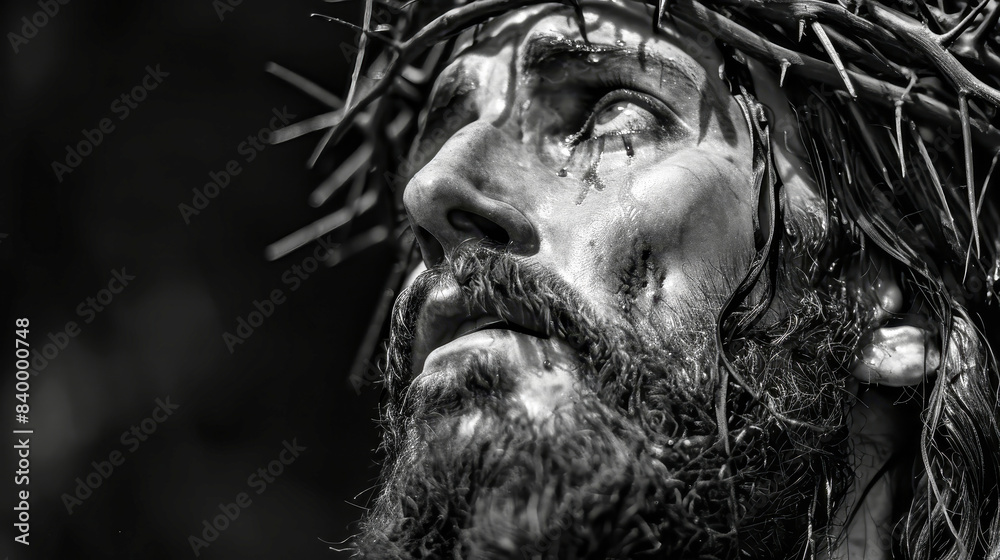 A black and white photograph of Jesus Christ wearing a crown of thorns ...