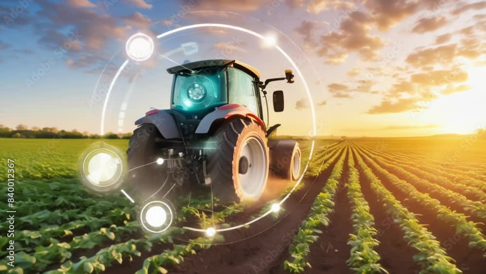 A modern tractor working in a vast field, enhanced by futuristic ...