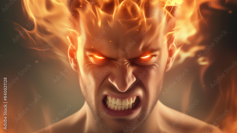 A man with a fiery head and red eyes is shown with a mouth open and ...