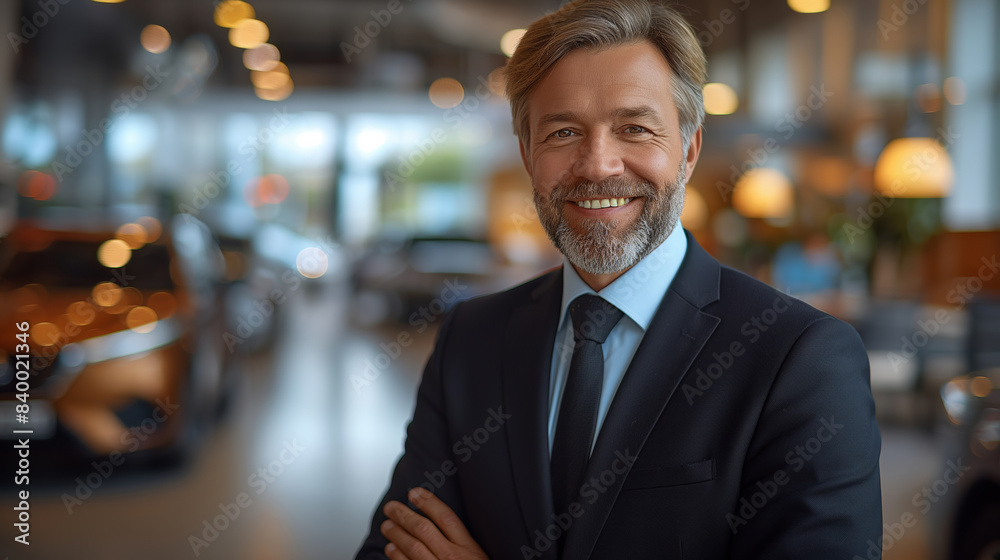 A man in a suit and tie is posing for a picture in a car dealership. He ...
